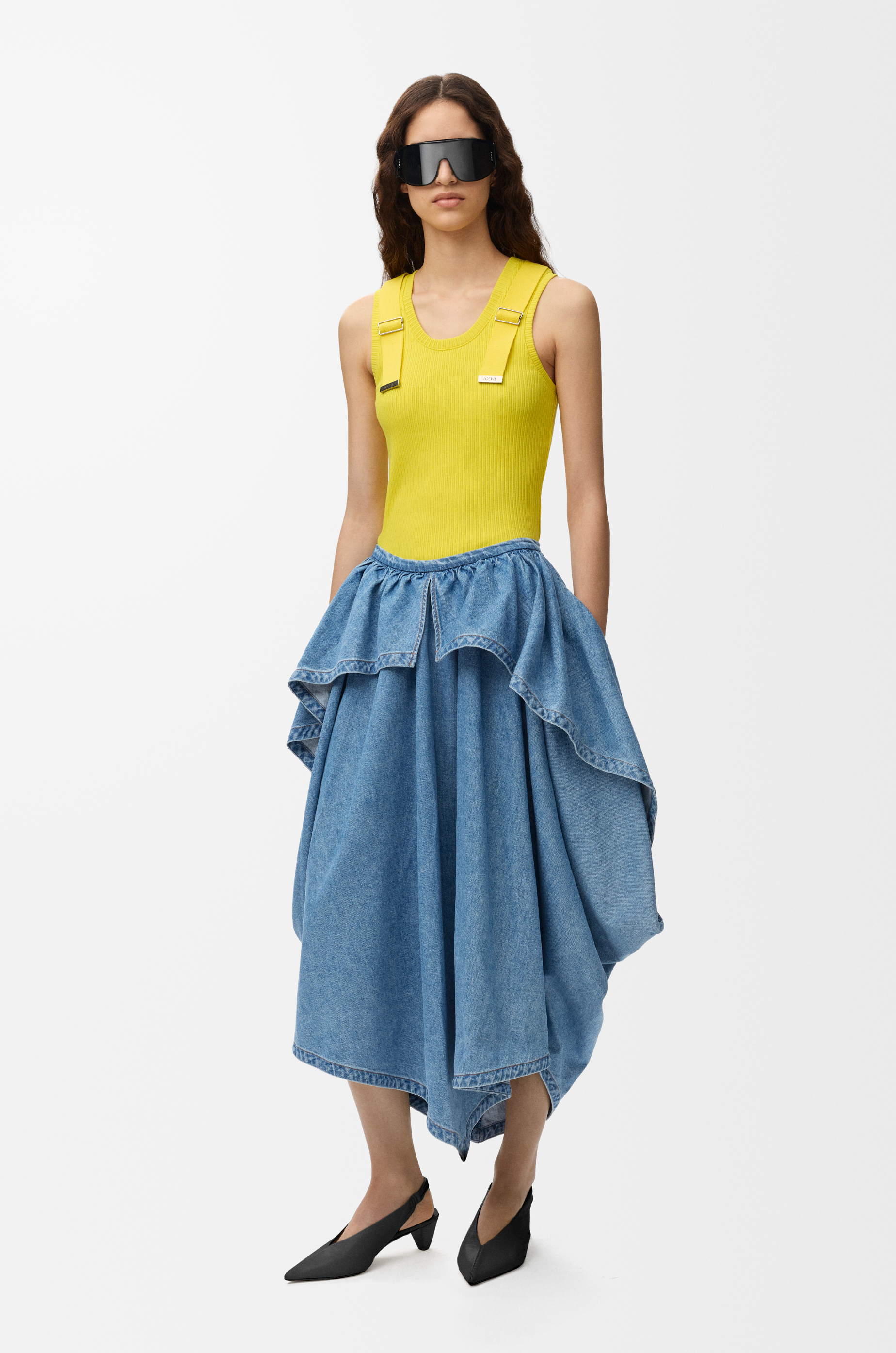 LOEWE LOEWE Asymmetrical Draped Ruffle Denim Midi Skirt